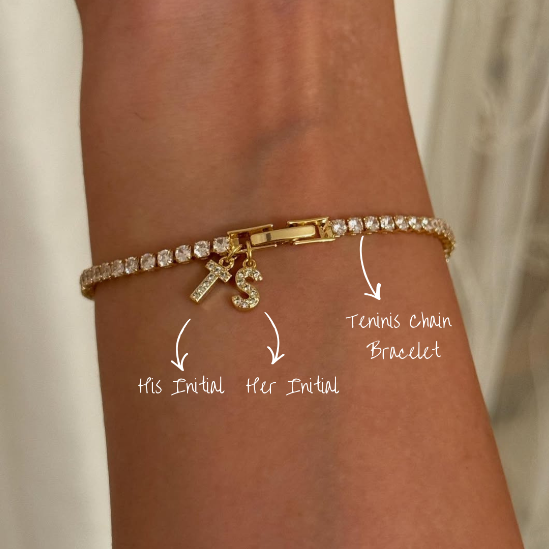 Tennis Chain & Initial Charms Bracelet (Anti-tarnish & Waterproof ...