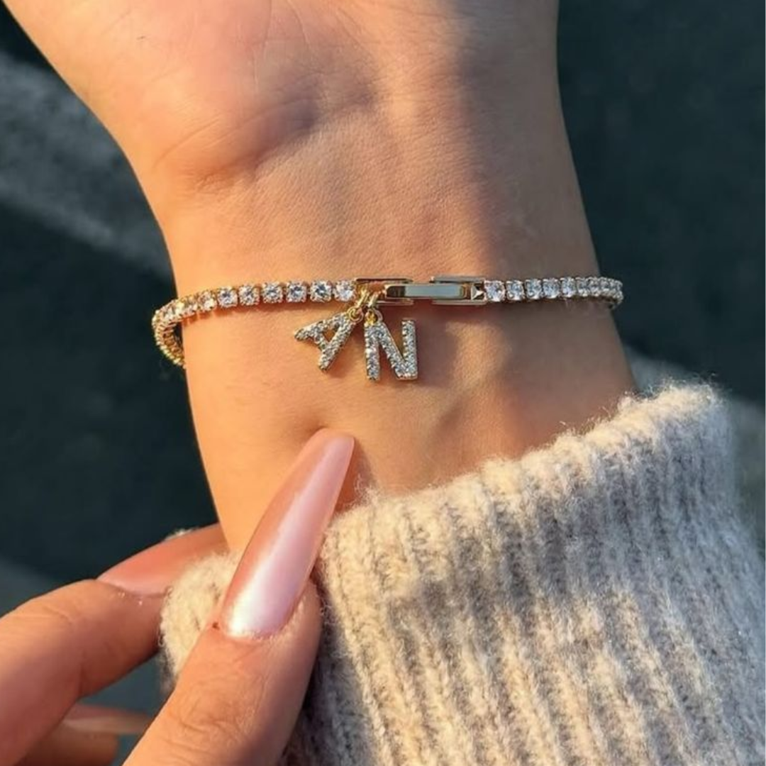 Tennis Chain & Initial Charms Bracelet (Anti-tarnish & Waterproof ...